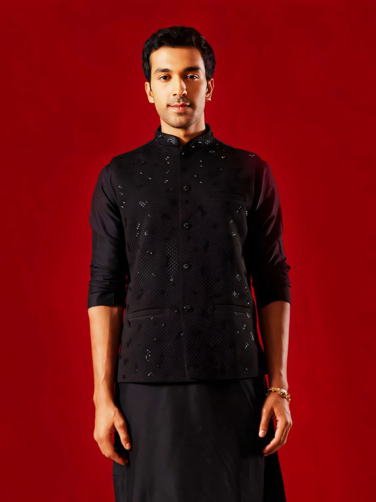 Black Jacquard Cut Dana Hand Worked Jacket - kashmirisons.com